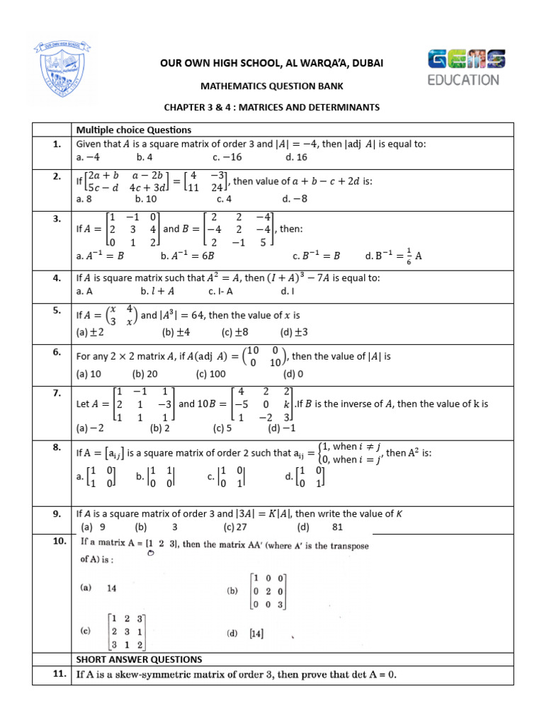 Q Bank-Matrices and Determinants | PDF | Matrix (Mathematics) | System ...