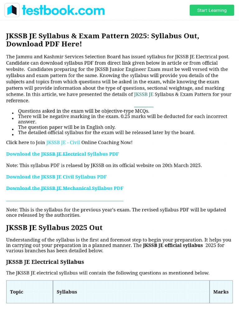 JKSSB JE Syllabus & Exam Pattern 2025 - Syllabus Out, Download PDF Here! | PDF