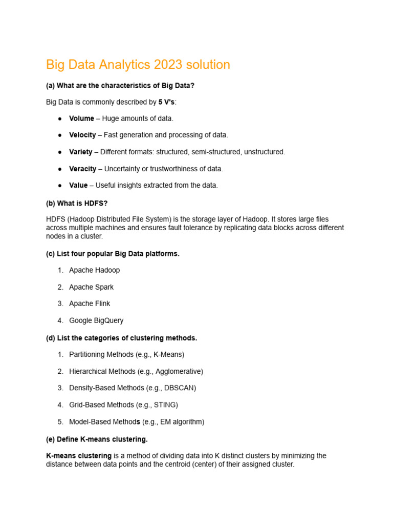 Big Data Analytics 2023 solution | PDF | Apache Hadoop | Cluster Analysis