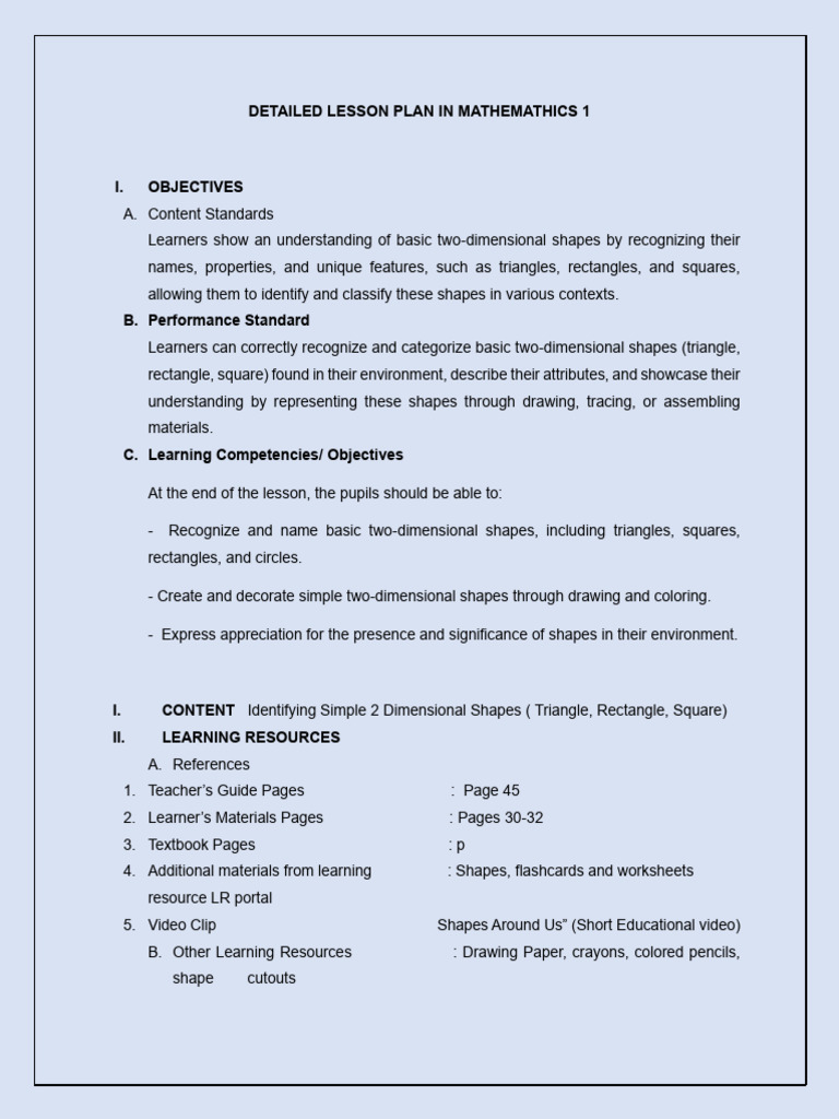 Detailed Lesson Plan in Math Grade 1 - Baroso Aljon | PDF | Shape | Rectangle
