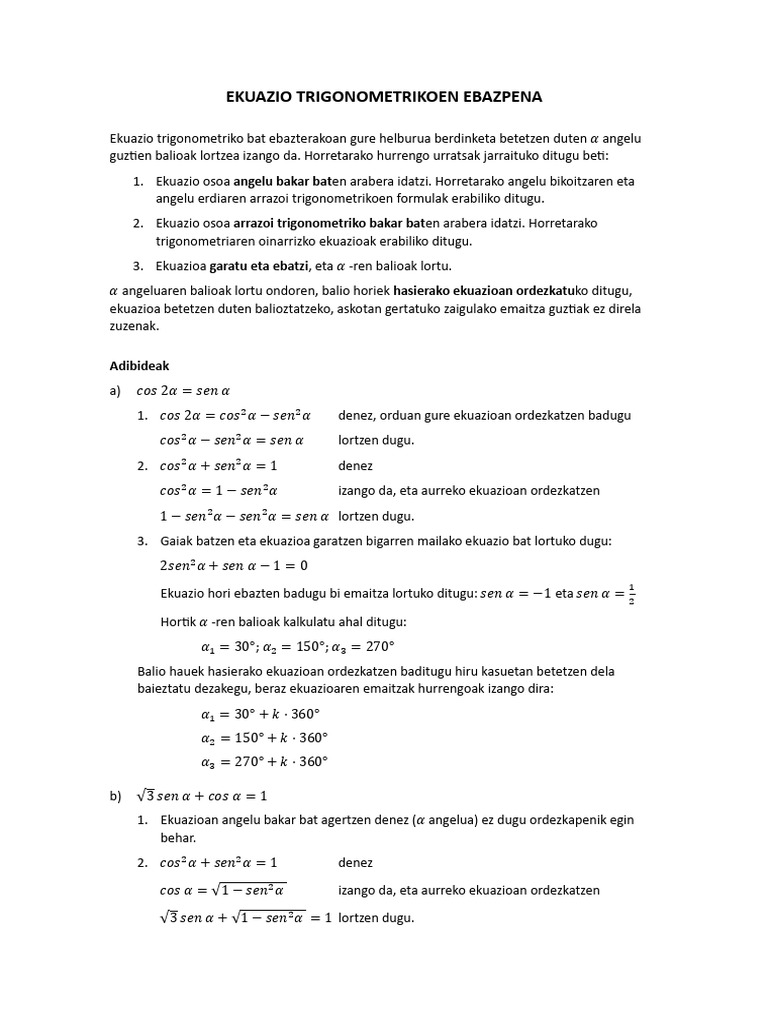 Ekuazio Trigonometrikoen Ebazpena | PDF