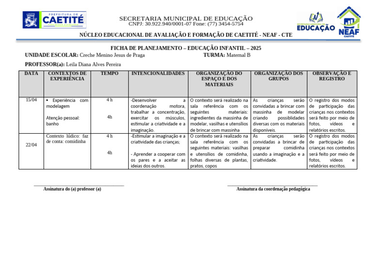 3.ficha de Planejamento Maternal B - Leila Diana - 15 e 22-04 | PDF ...