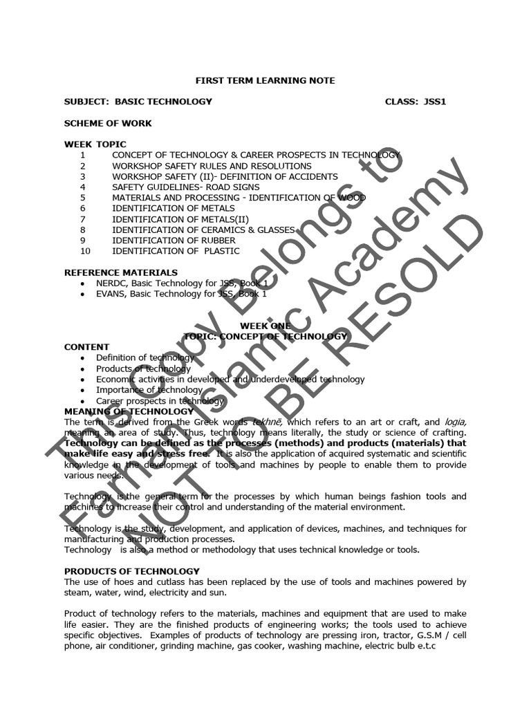 1ST TERM J1 BASIC TECHNOLOGY | PDF | Glasses | Metals