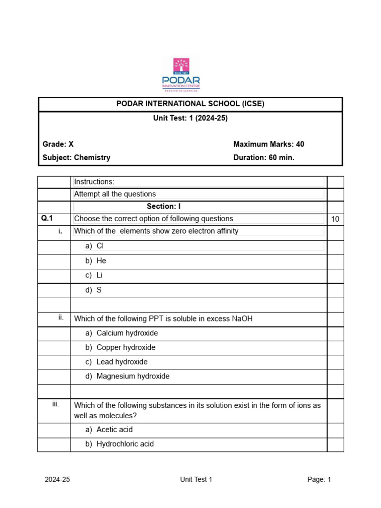 X Unit Test 1 24 | PDF | Hydroxide | Chemical Bond