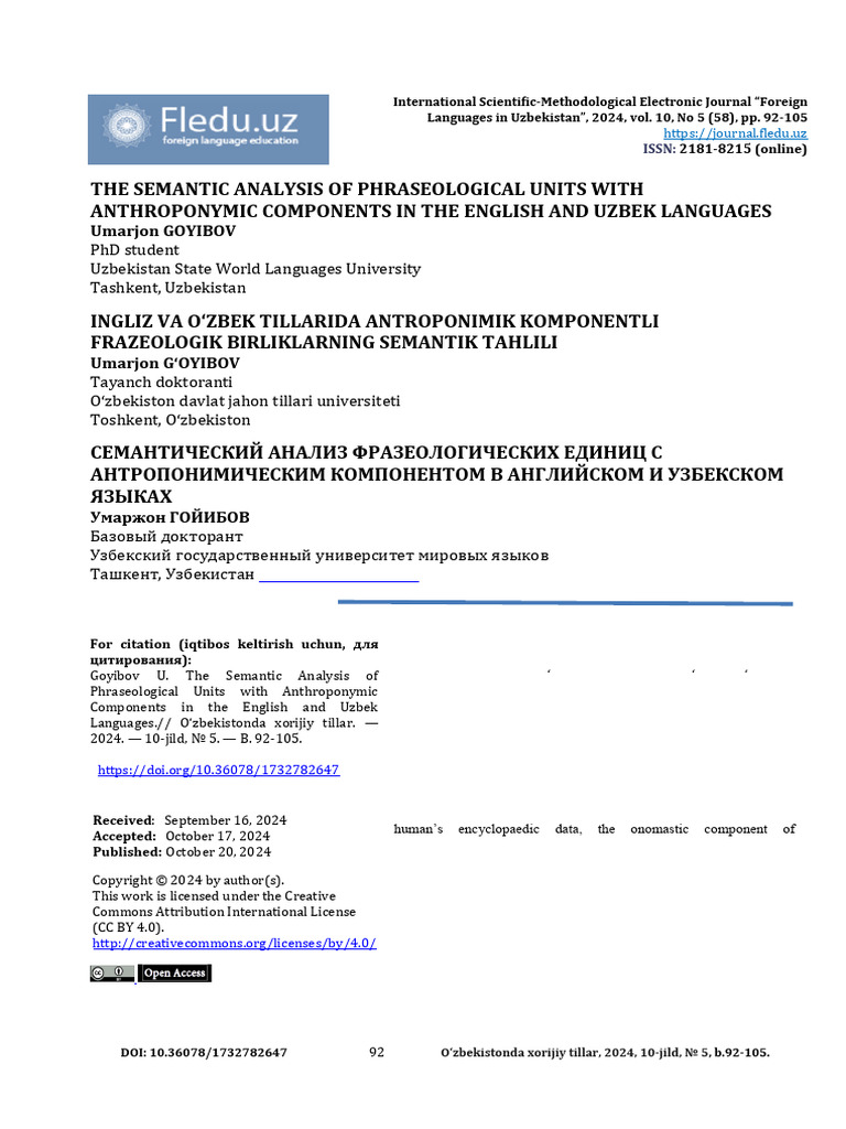 The Semantic Analysis of Phraseological Units With Anthroponymic | PDF | Semantics | Linguistics