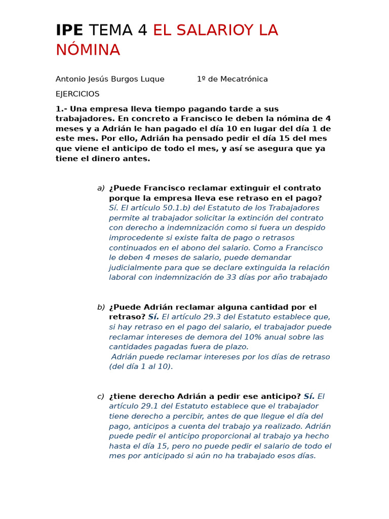 Ejercicios Tema 4 IPE El Salario y La Nomina | PDF | Salario mínimo | Salario