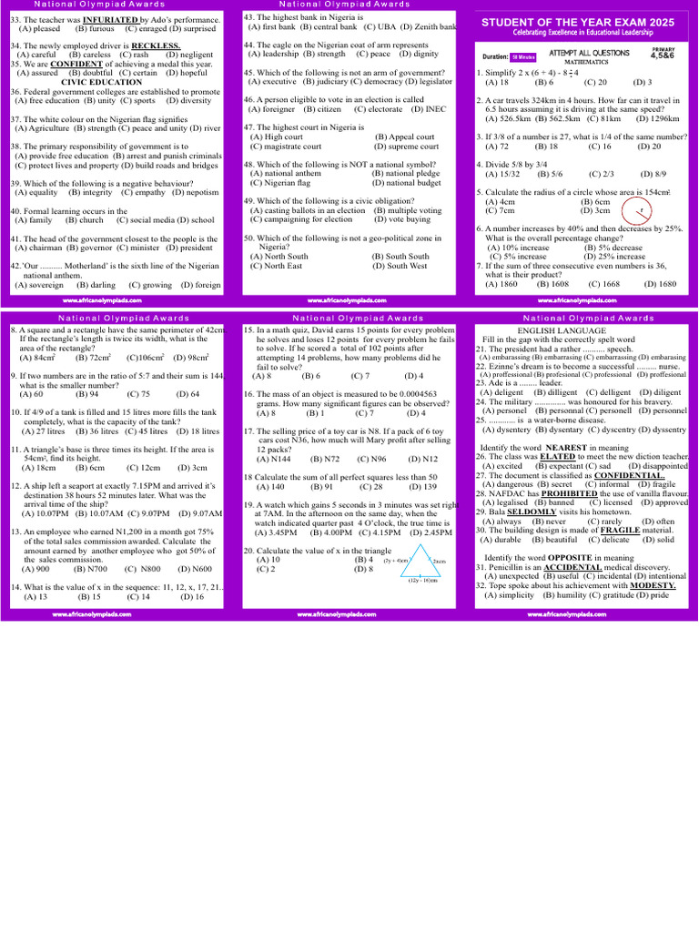 Student of the Year Exam 2025 Questions | PDF