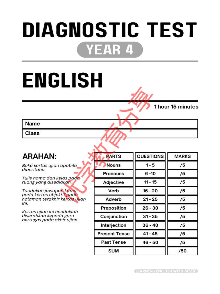 Year 4 English Diagnostic Test | PDF | Linguistics | Linguistic Morphology