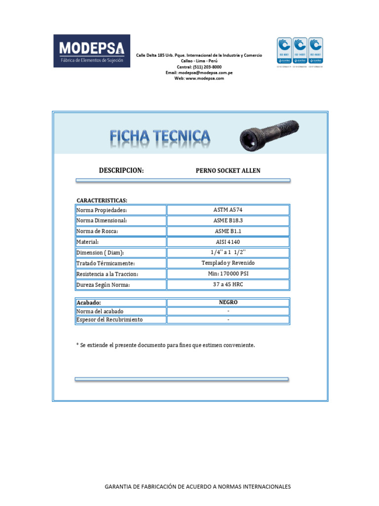 Perno Socket Allen Pulg | PDF