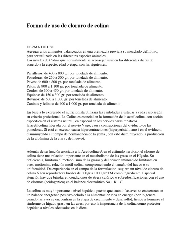 Niveles recomendados y funciones del cloruro de colina en la ...