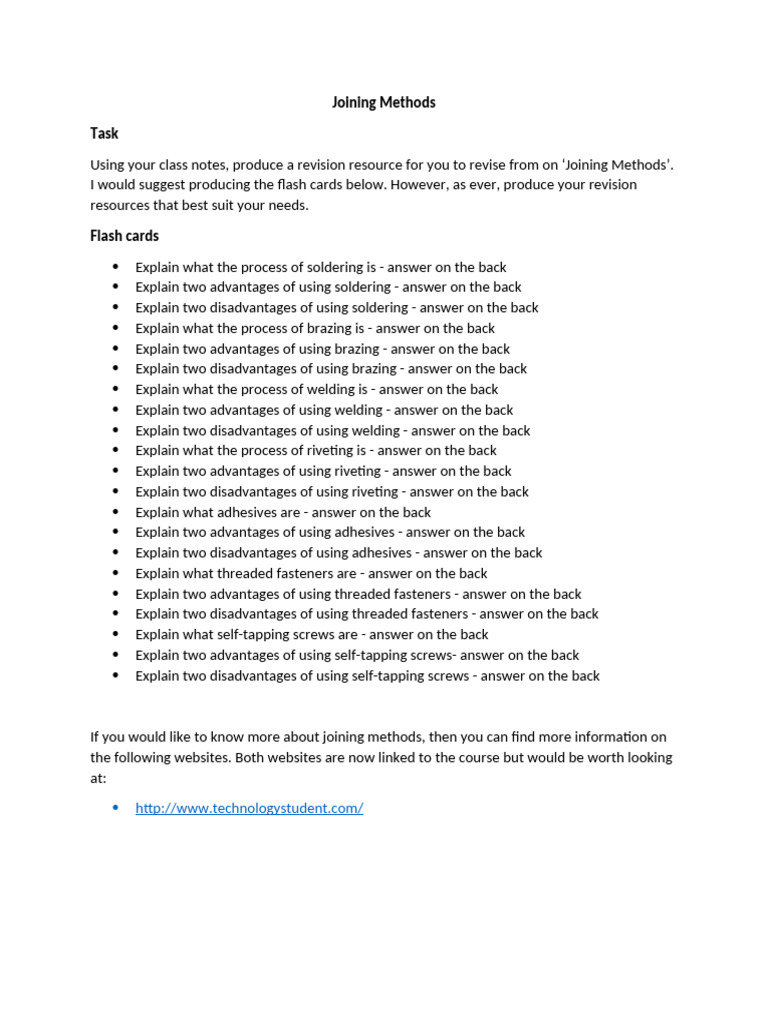 Joining Methods Flash Cards | PDF