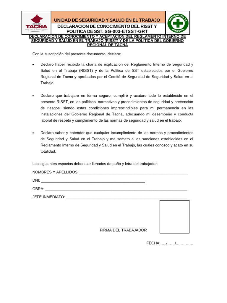 Sg-003-Etsst-grt-Formato Aceptacion y Declaracion de Conocimiento Risst | PDF