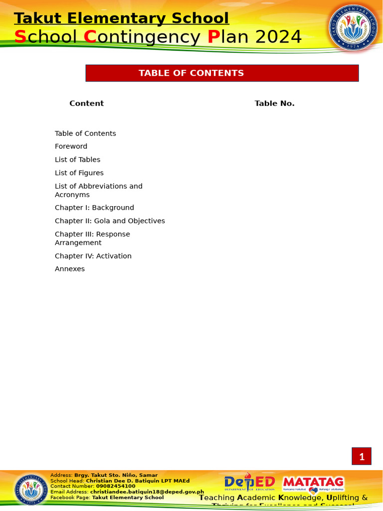 Takut Elementary School Contingency Plan 2024 | PDF | Earthquakes ...