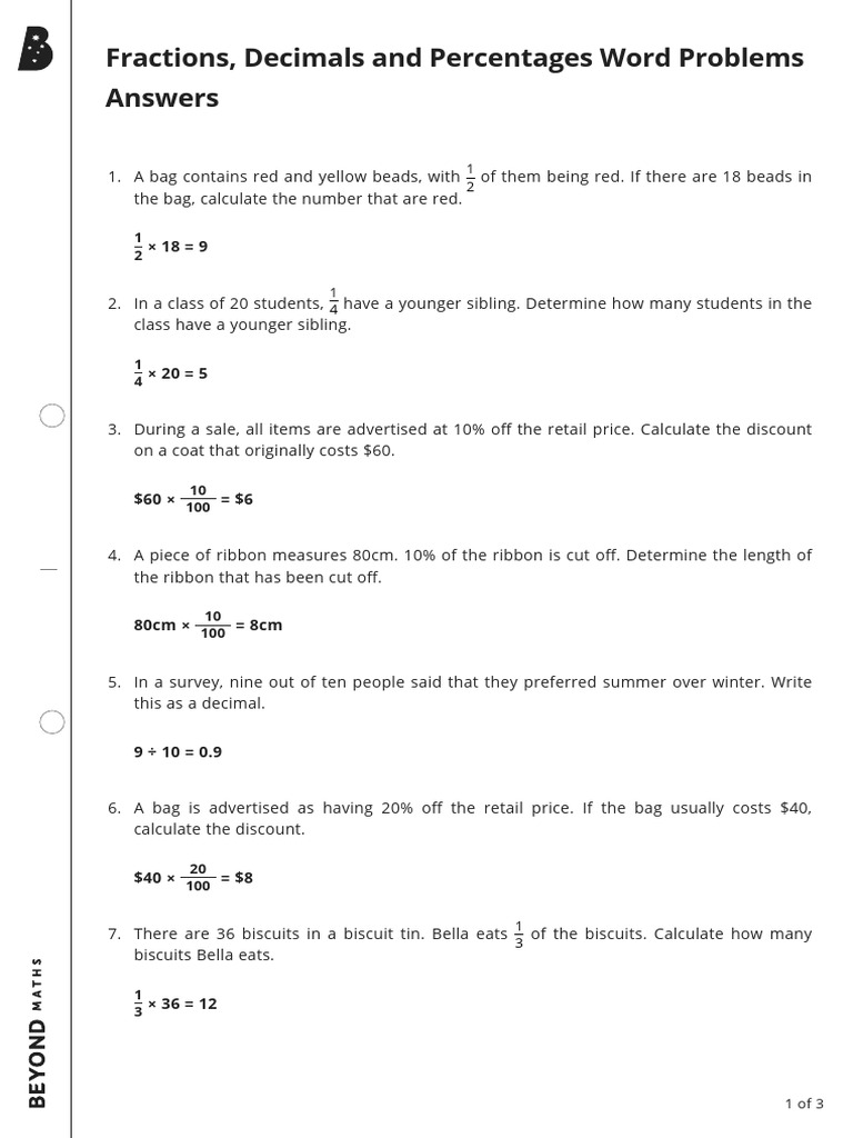 Fractions, Decimals and Percentages Word Problems LA Answers | PDF ...