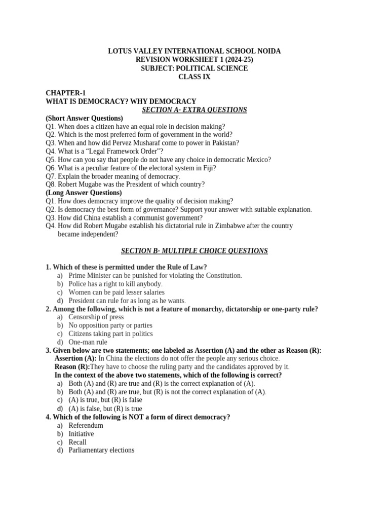 Civics-Ch 1 - What Is Demo. Revision Worksheet | PDF | Democracy ...