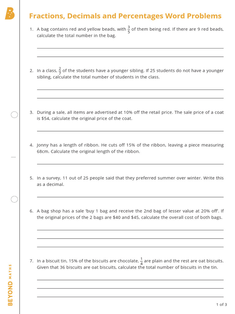Fractions, Decimals and Percentages Word Problems HA | PDF | Percentage ...