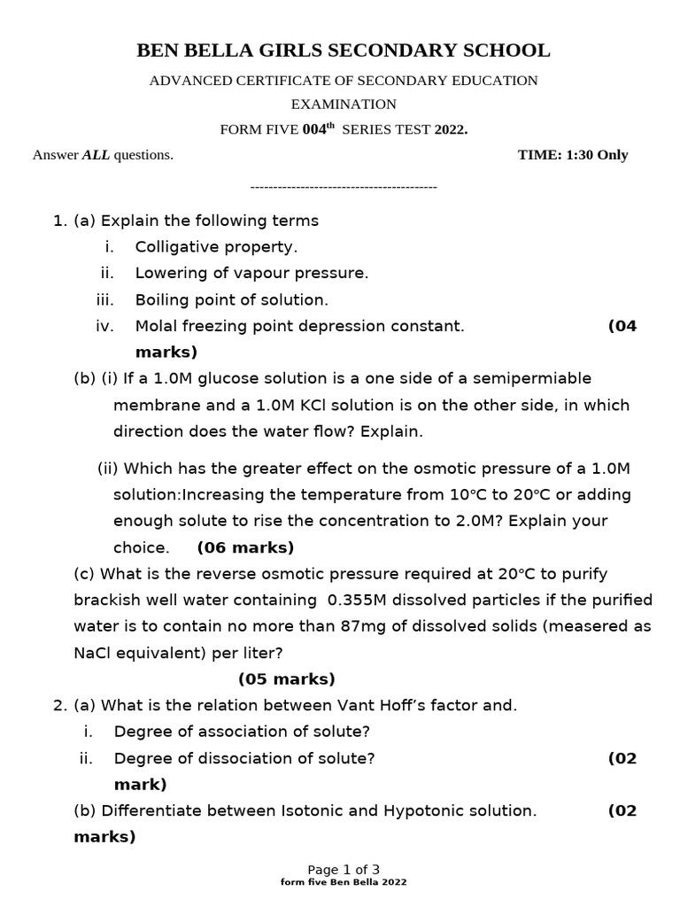 form five series 4 2022 | PDF | Chemistry | Physical Chemistry