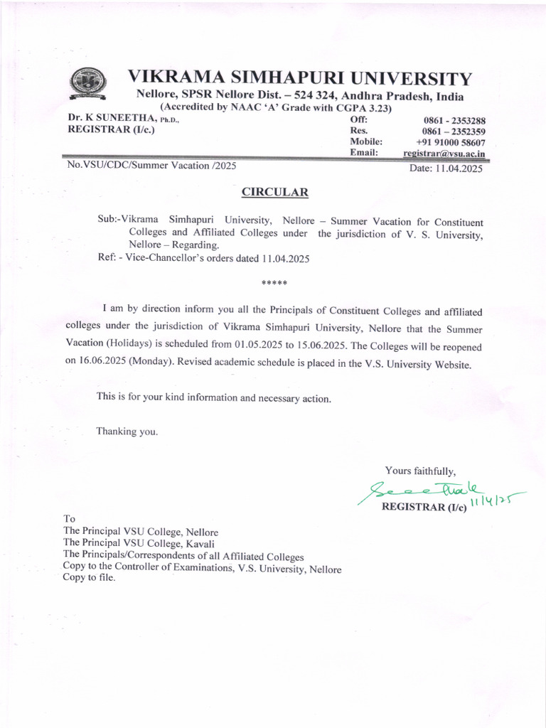 Summer Vacation Circular | PDF