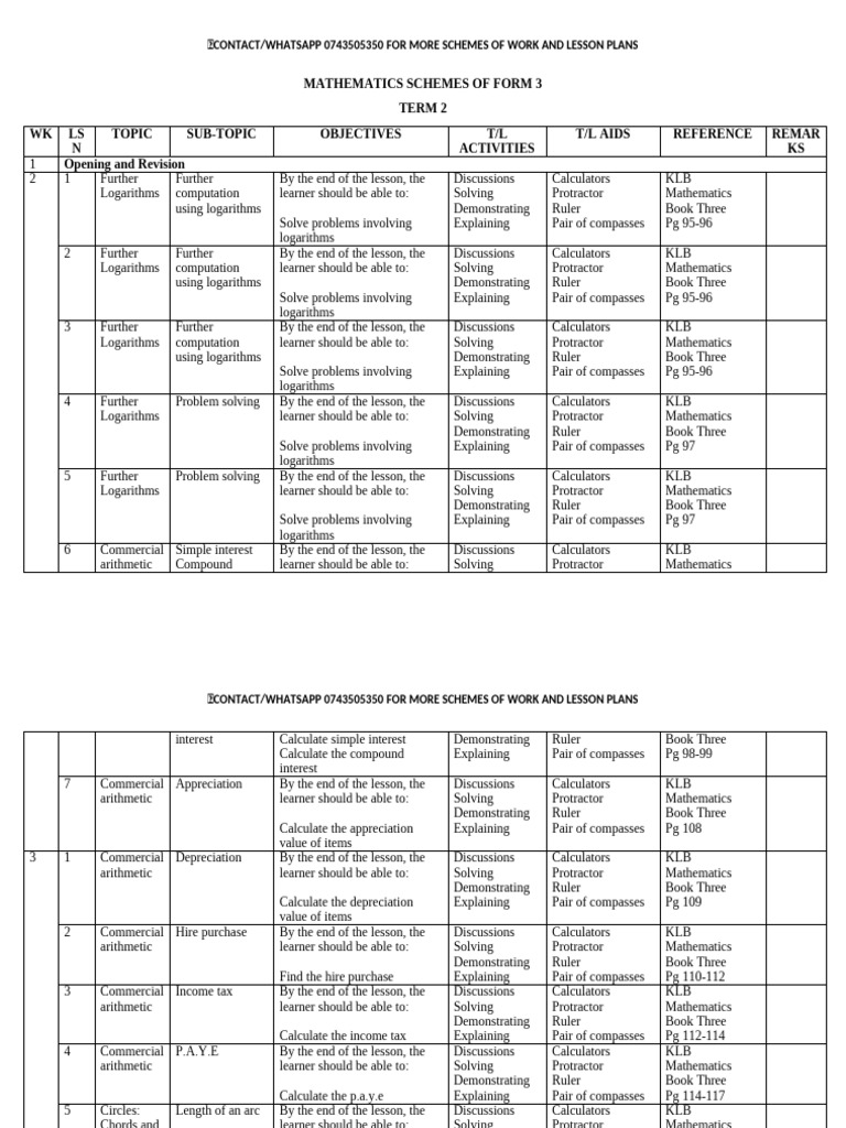 Form 3 Mathematics Term 2 Plan | PDF | Matrix (Mathematics) | Circle