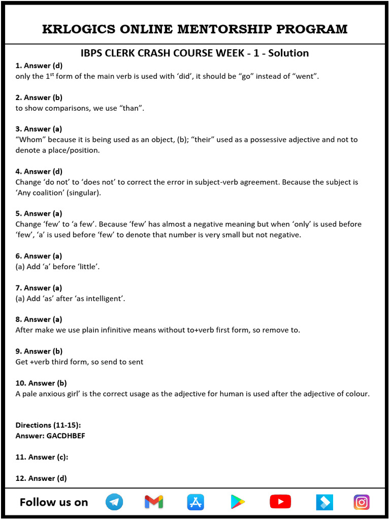 IBPS Clerk Crash Course Week - 1 - Solution | PDF | Language Mechanics | Syntax