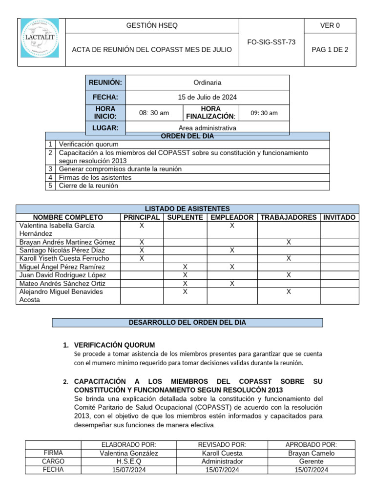 Formato Acta de Reunión Copasst Mes de Julio | PDF | Gobierno