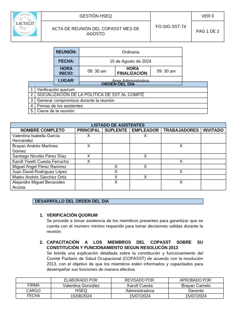 Acta Reunión COPASST Agosto 2024 | PDF | Gobierno
