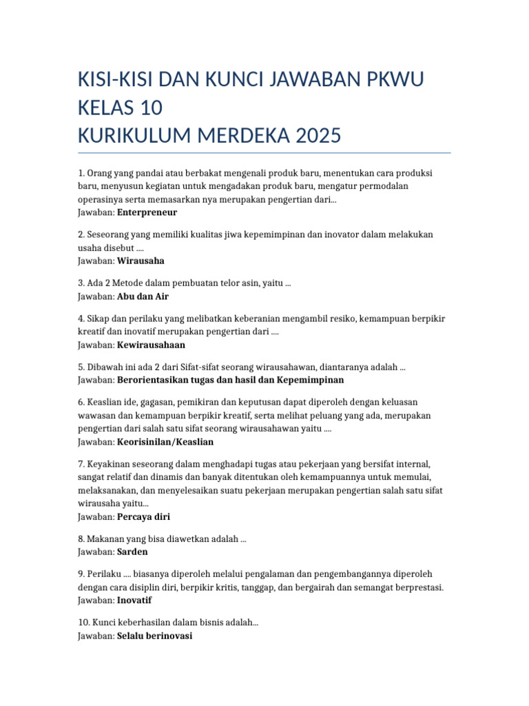 Kisi-Kisi PKWU 2025 | PDF