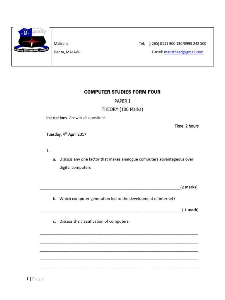 2017 Marist Computer form 4 PP1 | PDF | Computer Network | Databases