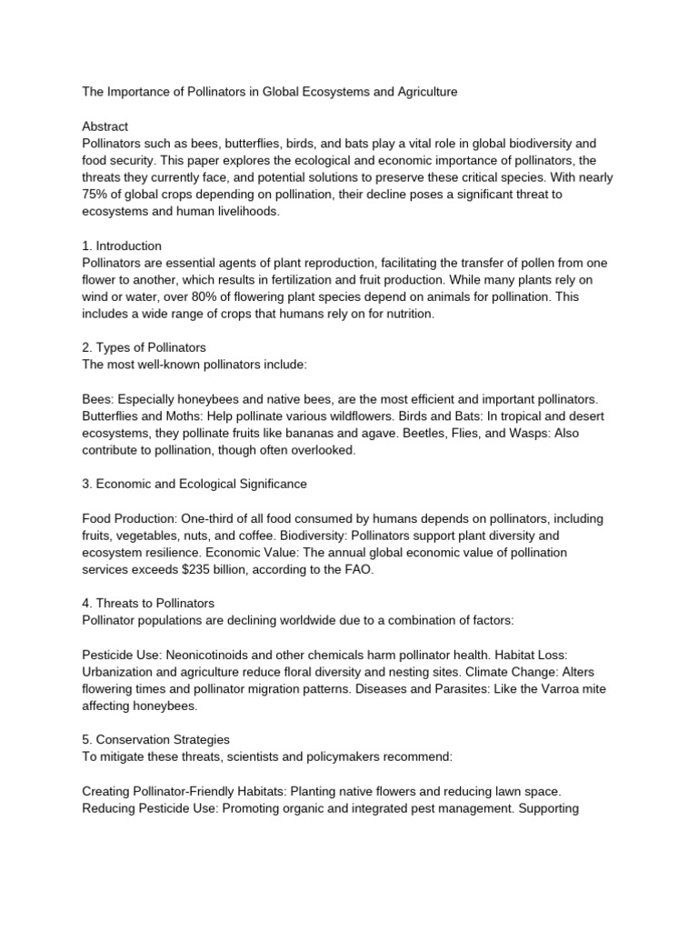 The Importance of Pollinators in Global Ecosystems and Agriculture ...