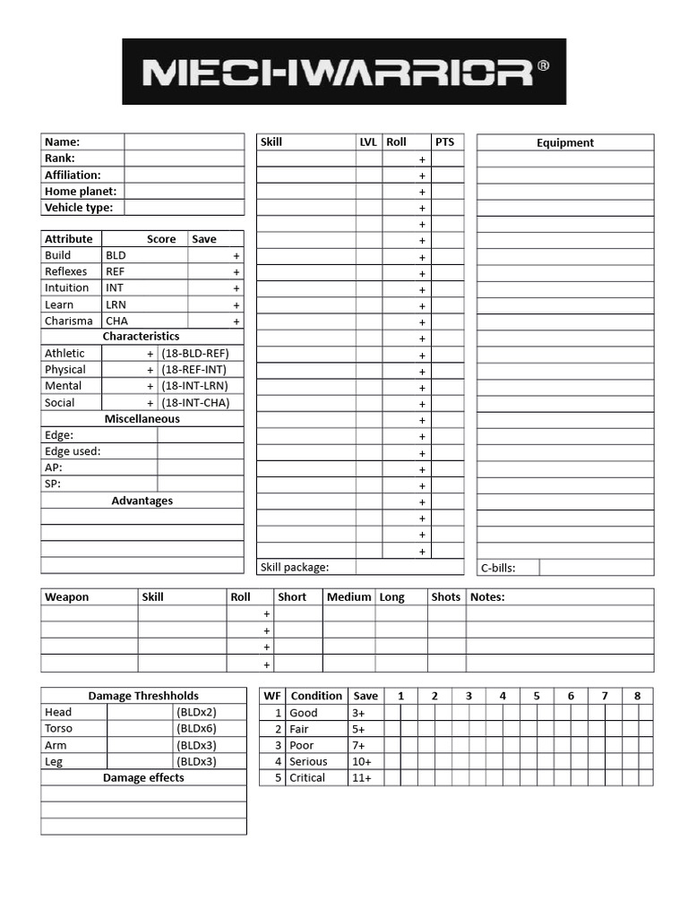 Mechwarrior 2nd Edition Character Sheet Fillable | PDF | Tabletop Games ...