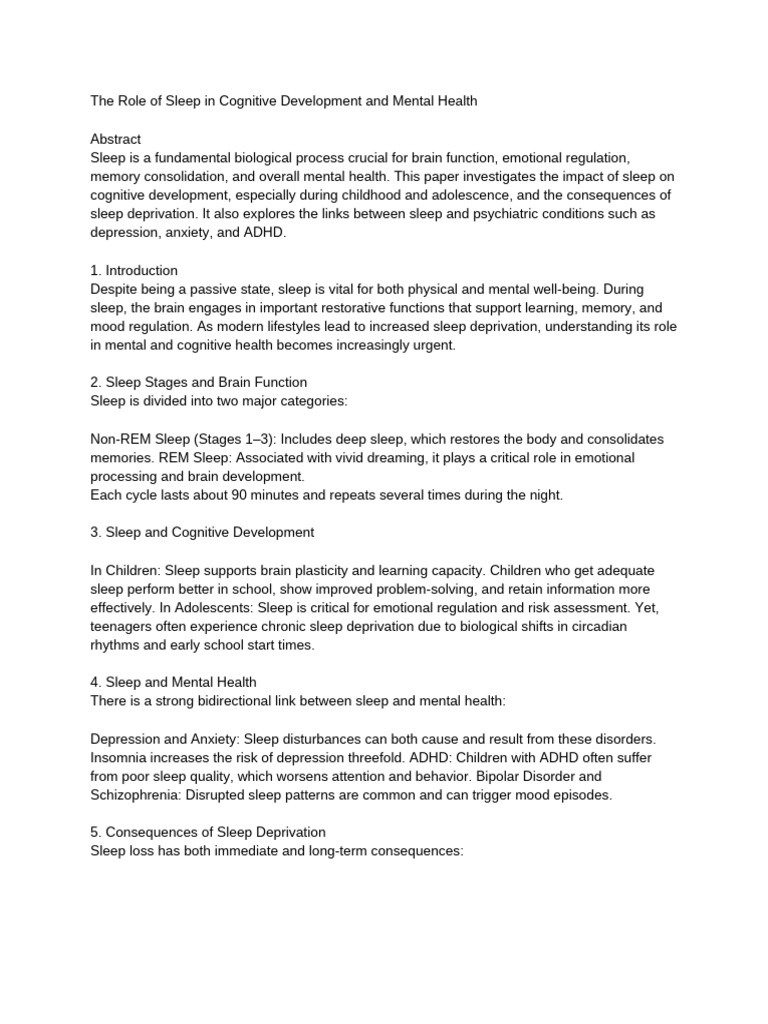 The Role of Sleep in Cognitive Development and Mental Health | PDF ...