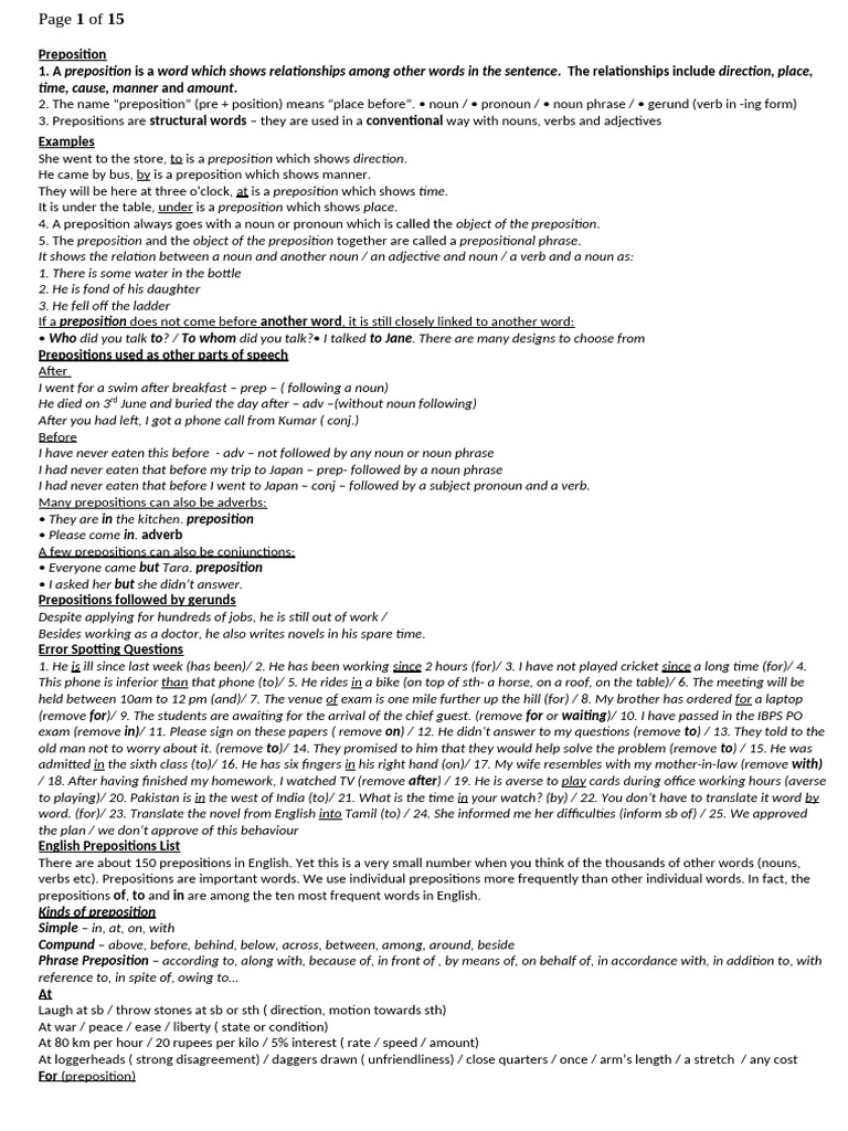 12 Preposition Notes 28-03-15 | PDF | Language Mechanics | Linguistics