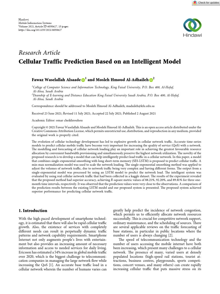 Mobile Information Systems - 2021 - Alsaade - Cellular Traffic Prediction Based on an ...