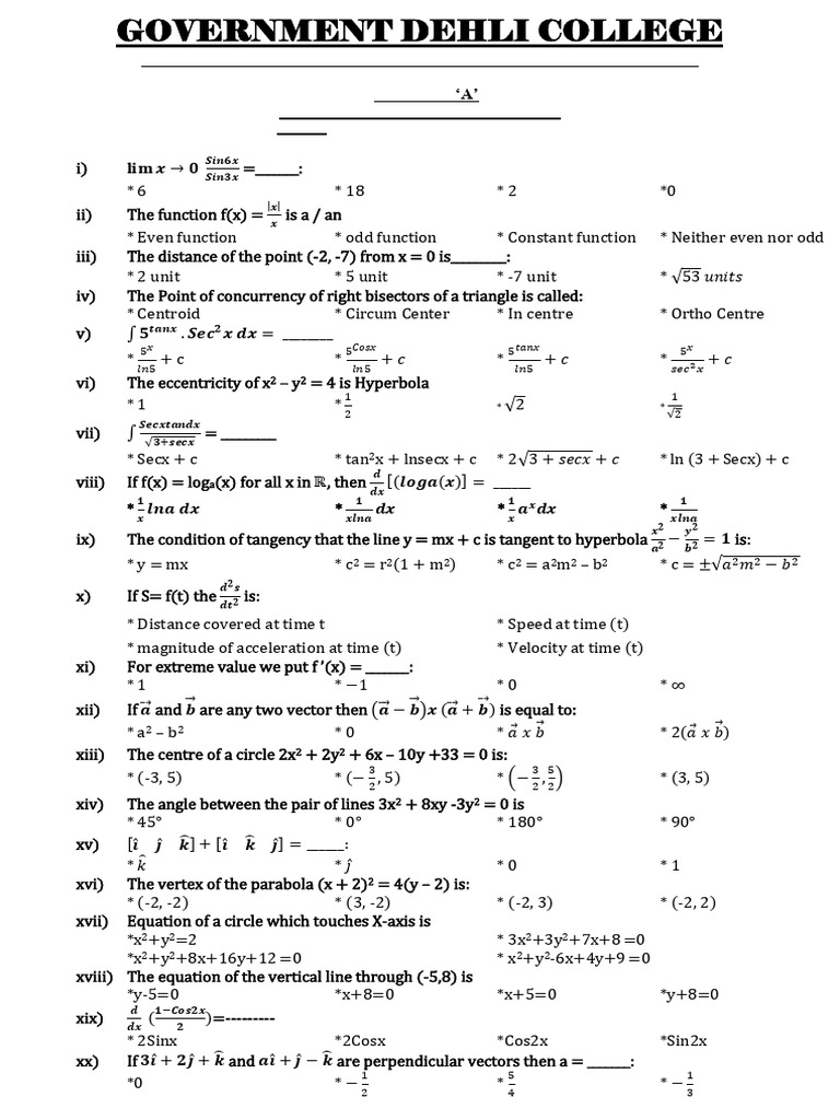 XII MATH Comprehensive 2022-23 (Dehli College) | PDF | Classical ...
