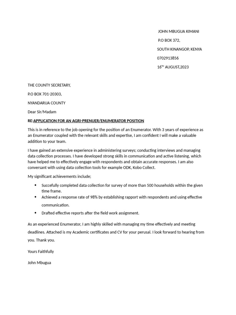 JOHN MBUGUA Enumerator Cover Letter | PDF
