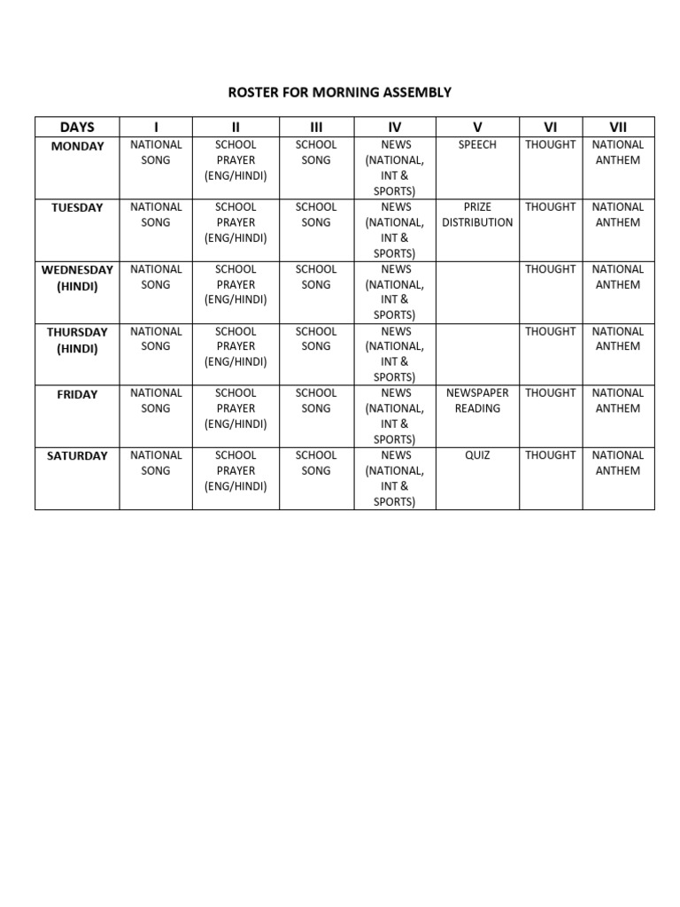 Roster For Morning Assembly-1 | PDF
