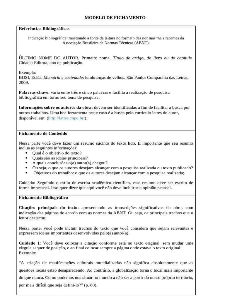 Modelo de Fichamento | PDF | Abstract (resumo) | Citação