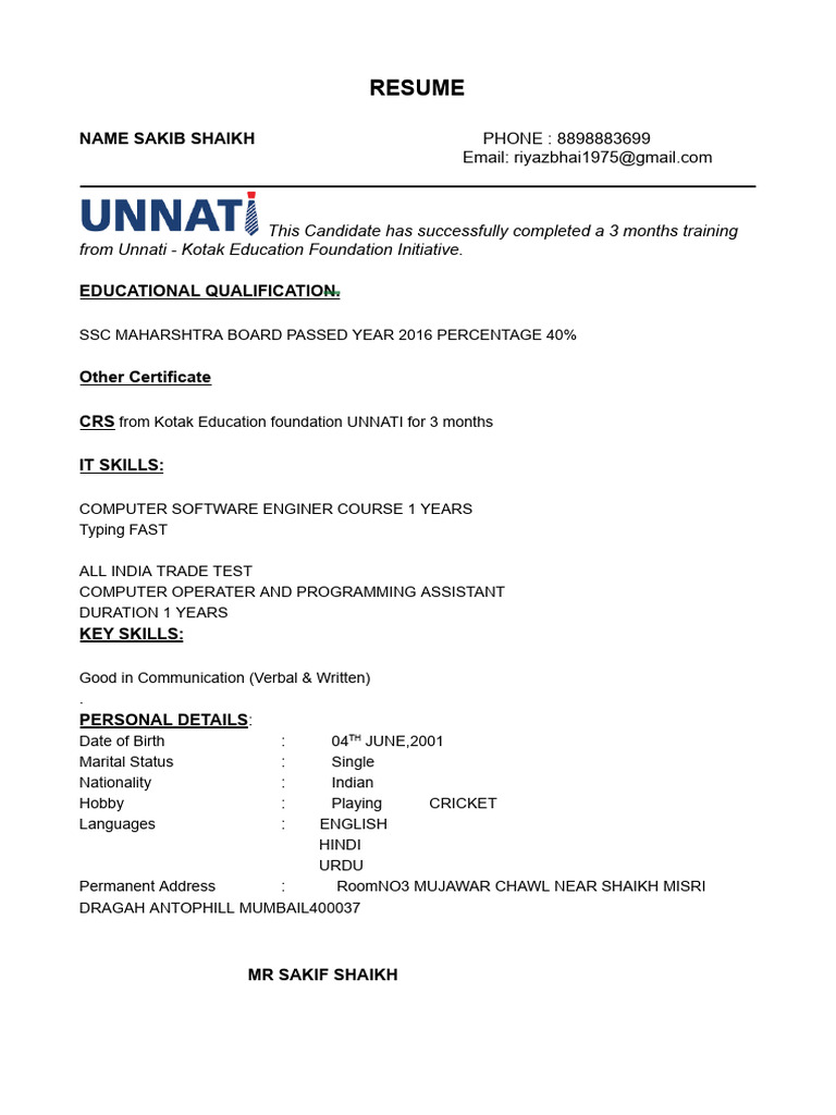 Resume: Name Sakib Shaikh | PDF