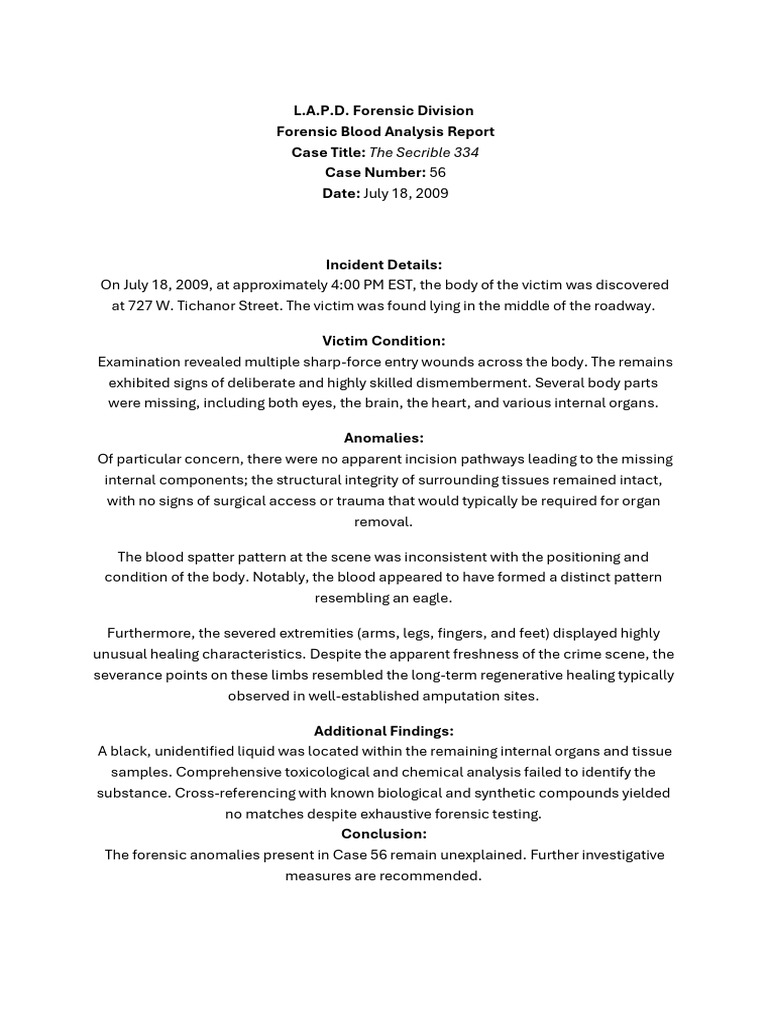 L.A.P.D. Forensic Division Forensic Blood Analysis Report Case Title ...