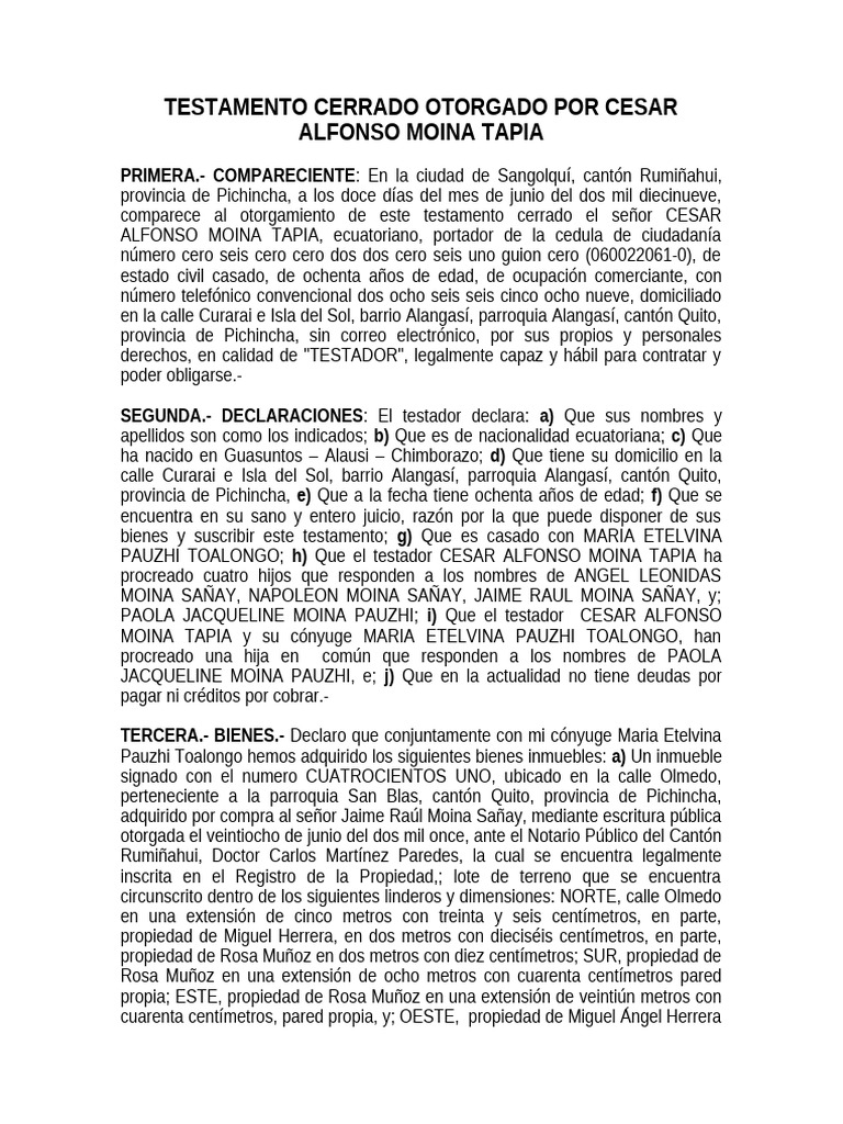 Testamento Cerrado | PDF | Propiedad | Albacea