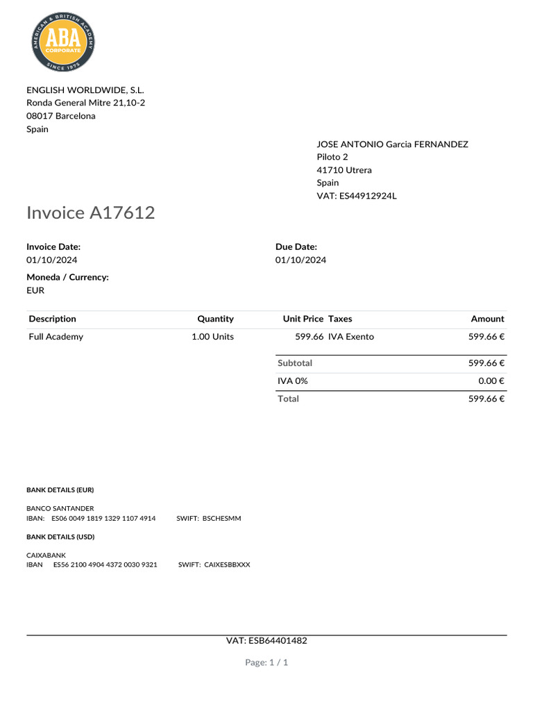 Invoice A17612: Invoice Date: Due Date | PDF