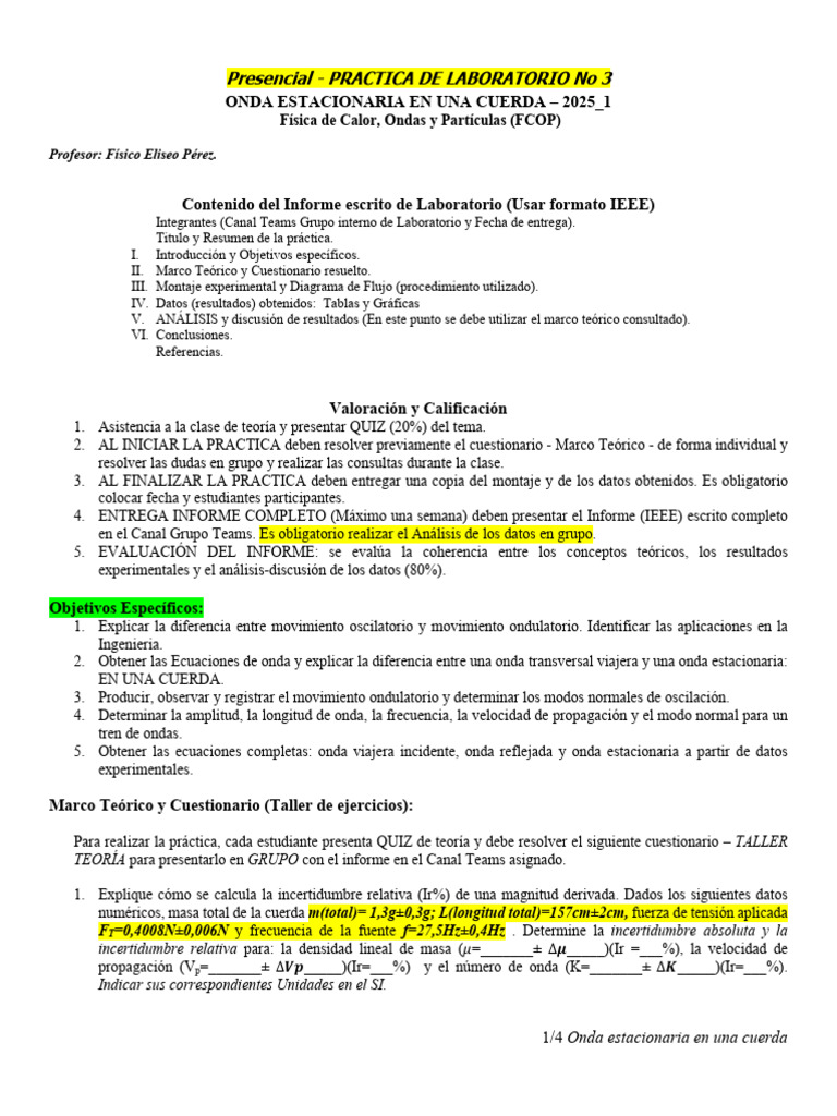 Lab3 Onda Estacionaria en la cuerda 2025_1 | PDF | Olas | Modo normal