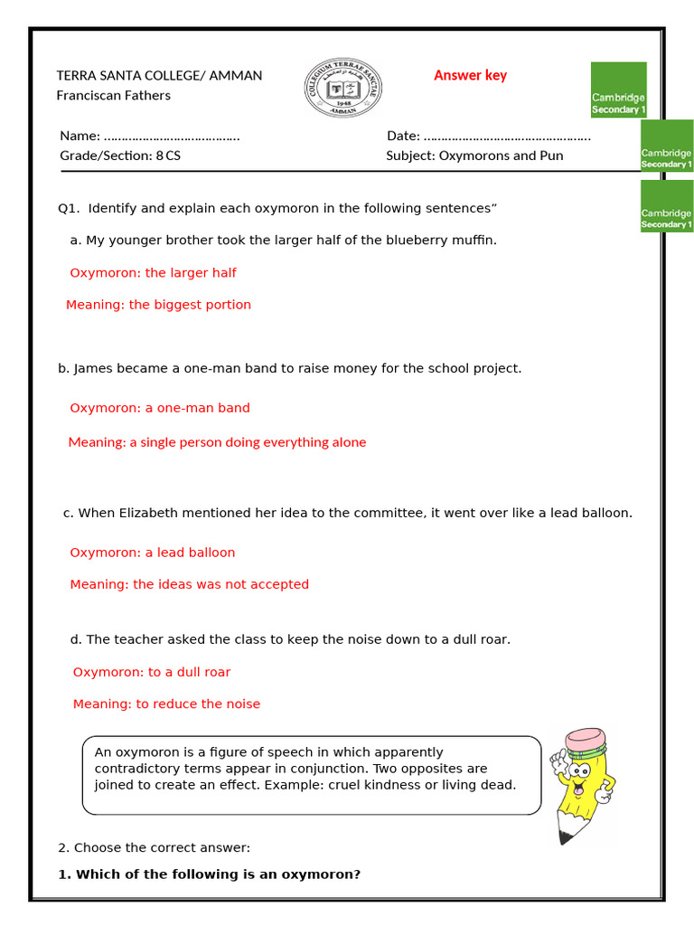 Oxymorons and Pun - Answer Key | PDF