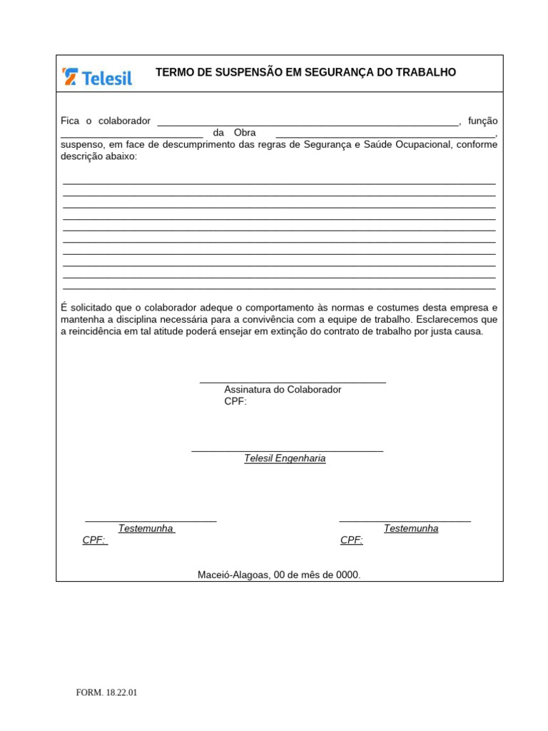 Form 18.22.01 - Termo de Suspensao em Segurança Do Trabalho | PDF