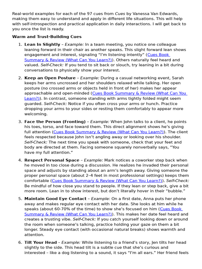 Cues - Vanessa Van Edwards - 97 Cues With Examples | PDF | Nonverbal ...