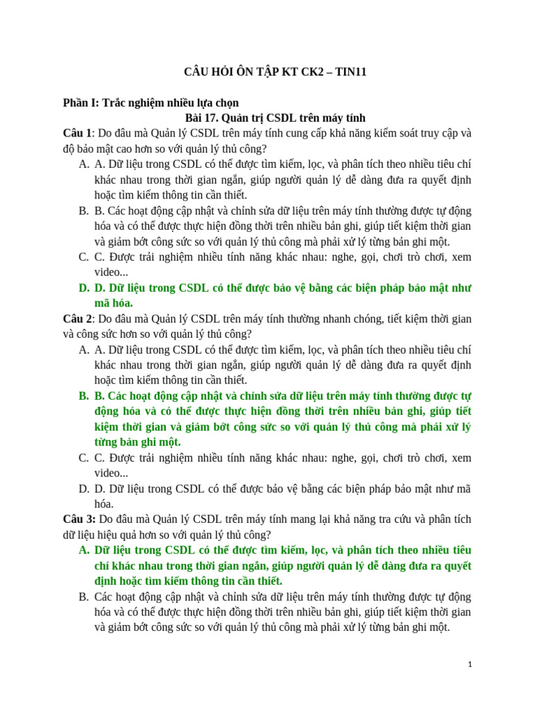 Câu Hỏi Ôn Tập CK2 Tin 11 | PDF