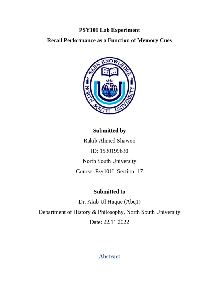 PSY101 Report On Memory Cues | PDF | Recall (Memory) | Memory