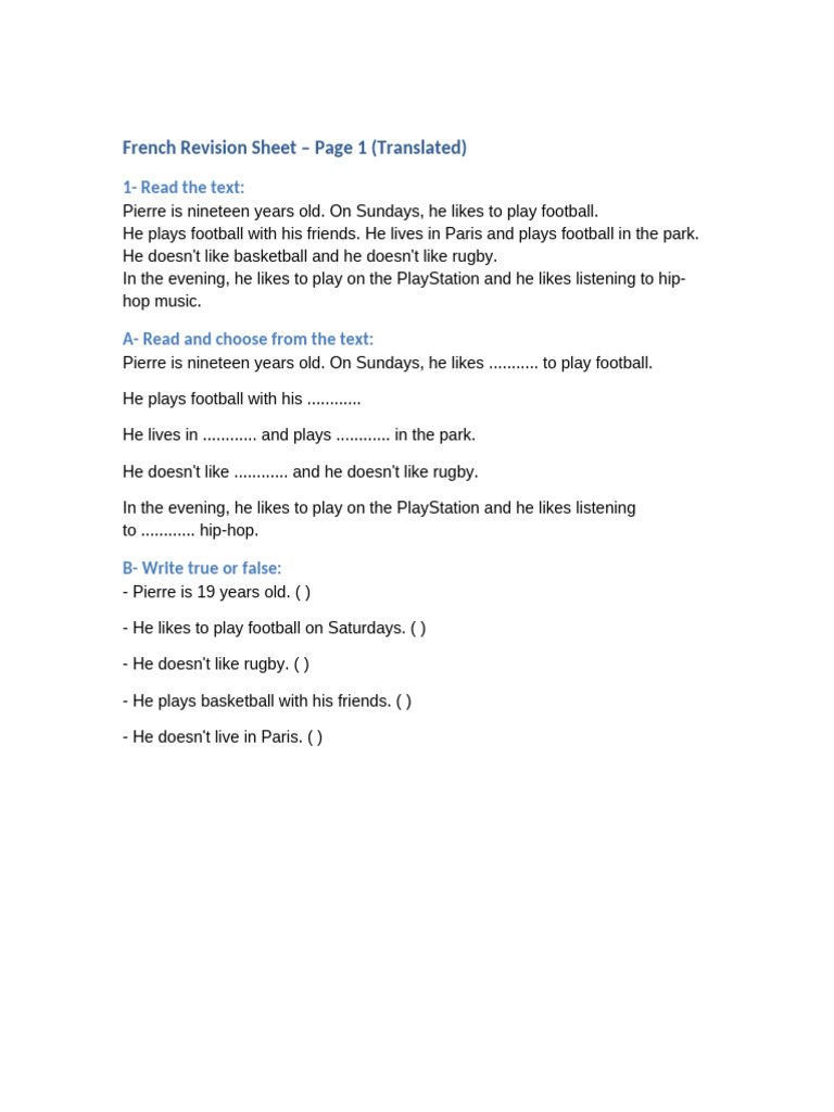 French Football Revision Activities | PDF | Games Of Physical Skill ...