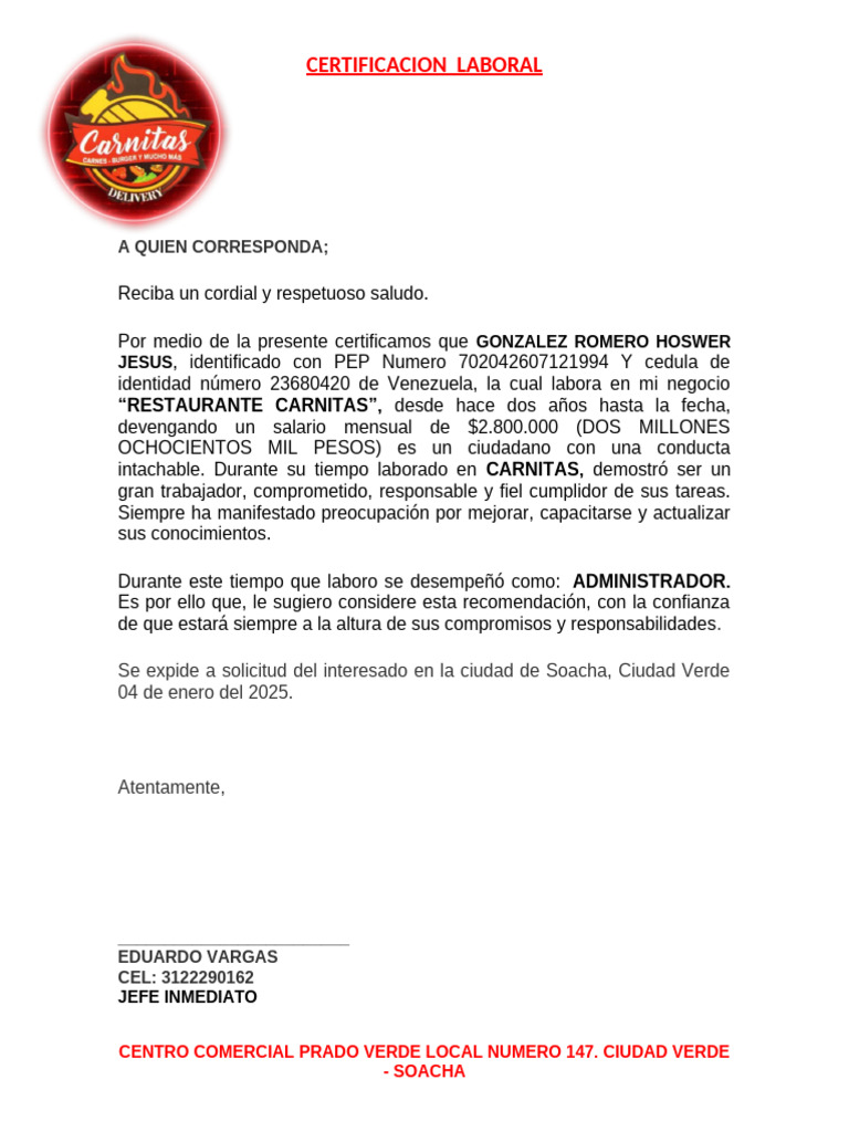 Referencia Laboral Carnitas | PDF