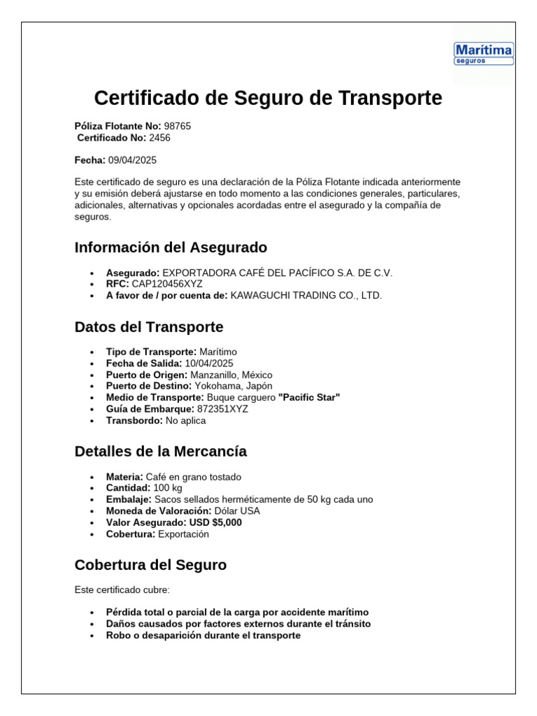 Certificado de Seguro de Transporte | PDF | Póliza de seguros | Seguro